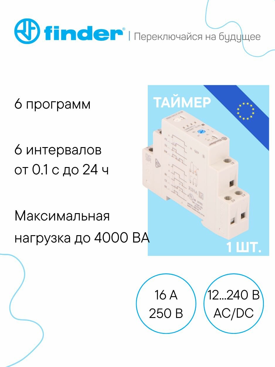 80.01.0.240.0000 FINDER Модульное многофункциональное реле времени, 16 А, 250 В, до 4000 ВА, 12-240 В AC/DC, 0.1с-24ч