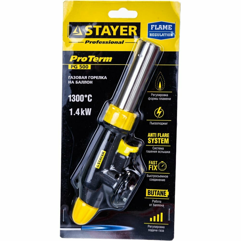 Газовая горелка STAYER ProTerm на баллон, с пьезоподжигом, 1300С 55580