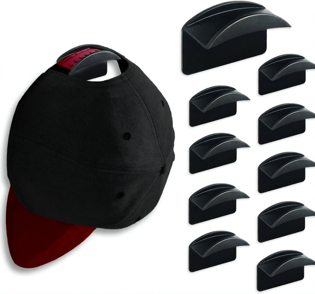 Крепление для кепок с клеем для бейсбольных кепок - CANRAY крючок для кепок настенный, органайзер для головных уборов, без сверления | Клей | Пакет из 10 штук (черный)