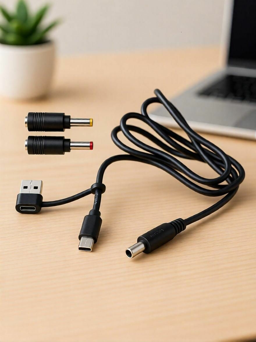 Кабель питания 12В с входом USB C и сменными наконечниками для электроники, колонок, вентиляторов, роутеров