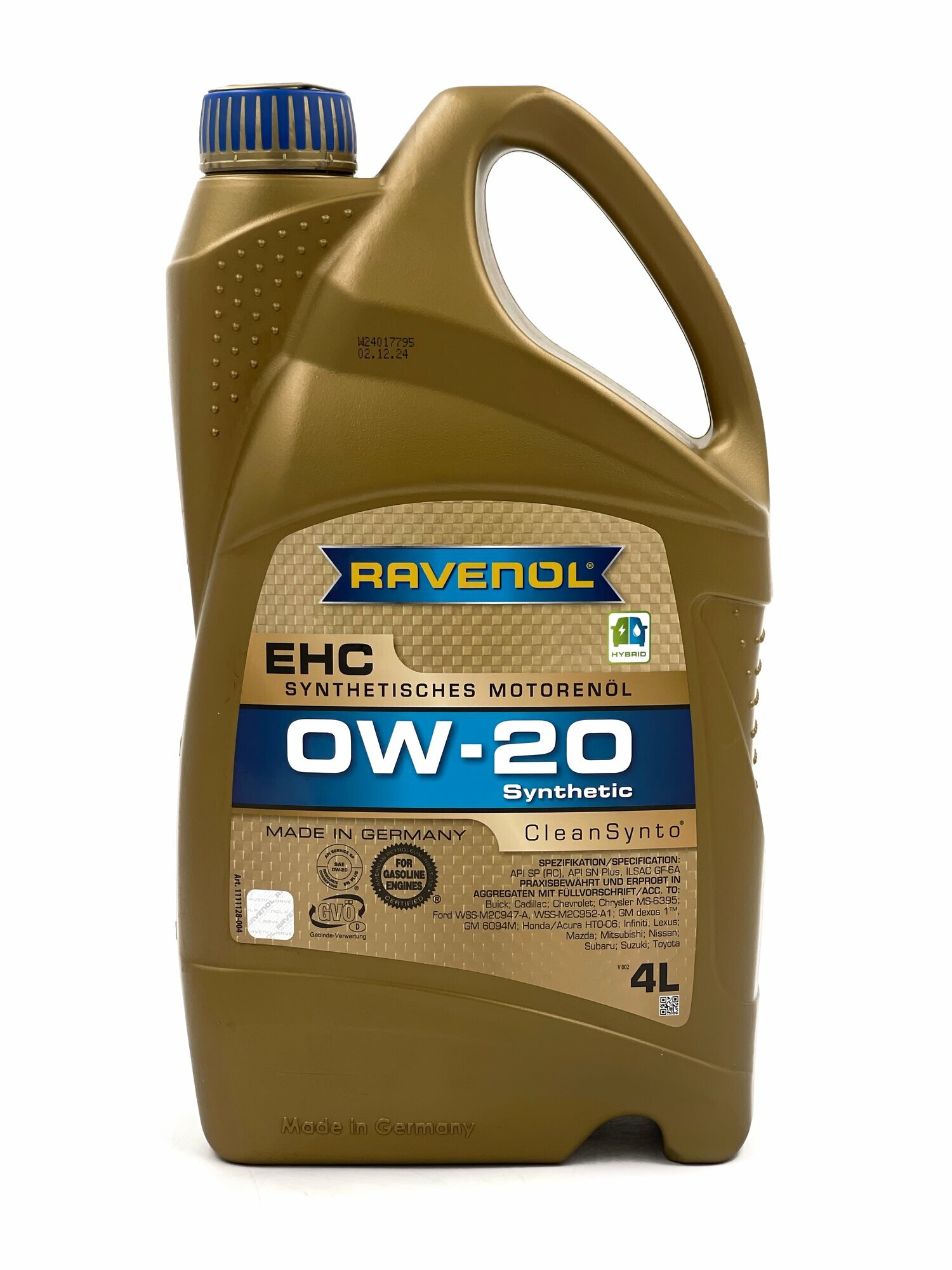 Масло моторное Ravenol EHC 0w-20, синтетическое, 4 литра, для авто