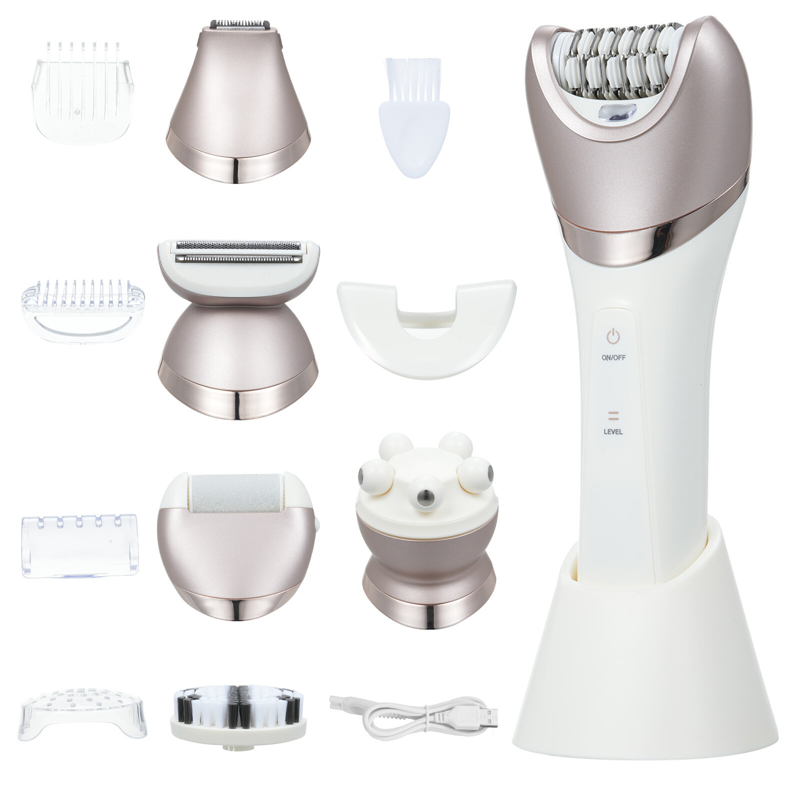 6-в-1 Электрический депилятор для женщин для лица, ног и тела, набор для ухода за волосами, ёмкость батареи 1400mAh, время зарядки 1,5 часа, время использования 200 минут, питание USB, электрический режим, материал нержавеющая сталь, мойка IPX7, размер