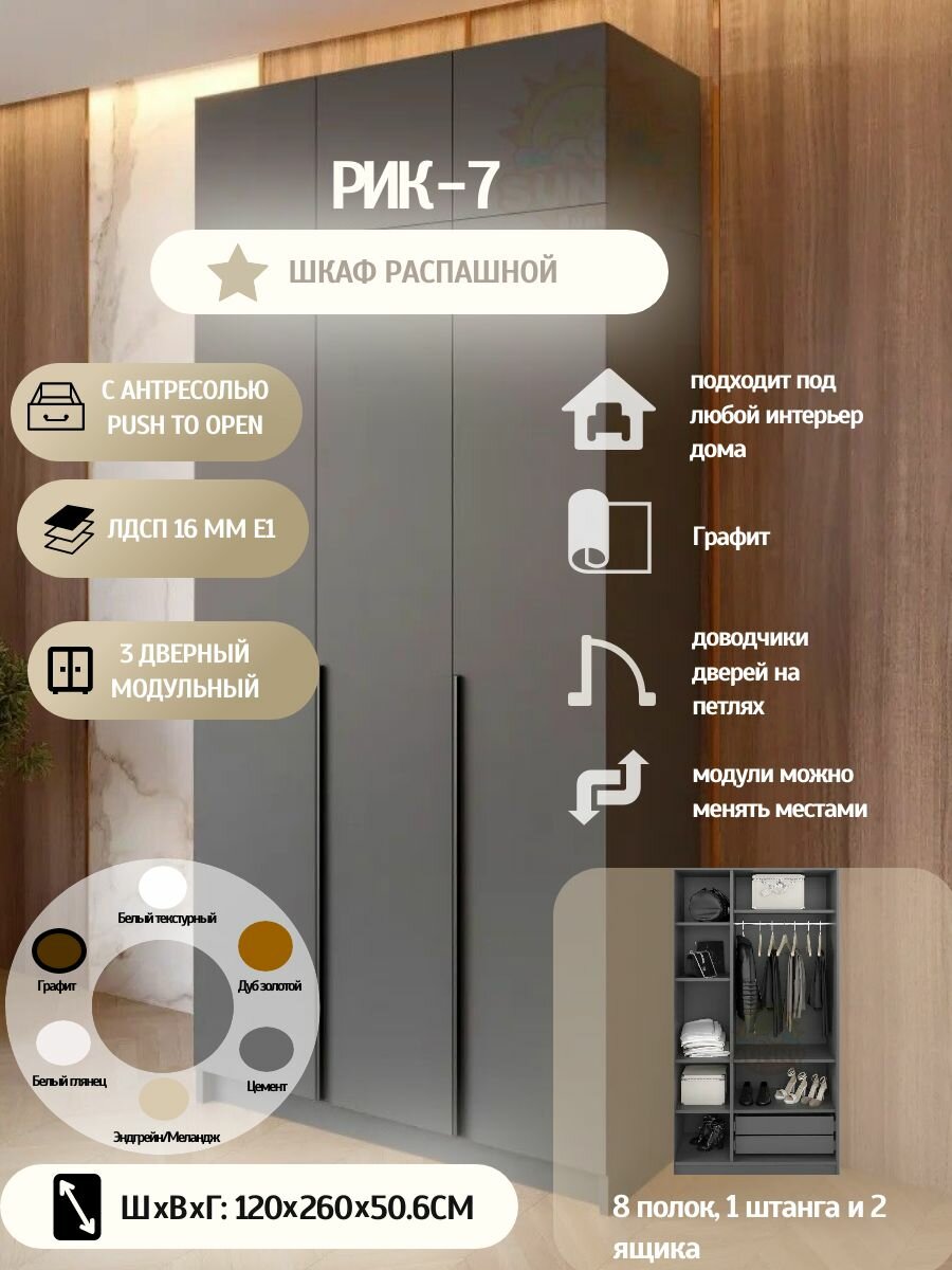 Шкаф распашной РИК 7, 3х дверный с антресолью, (Графит), 260х120х50.6 см.