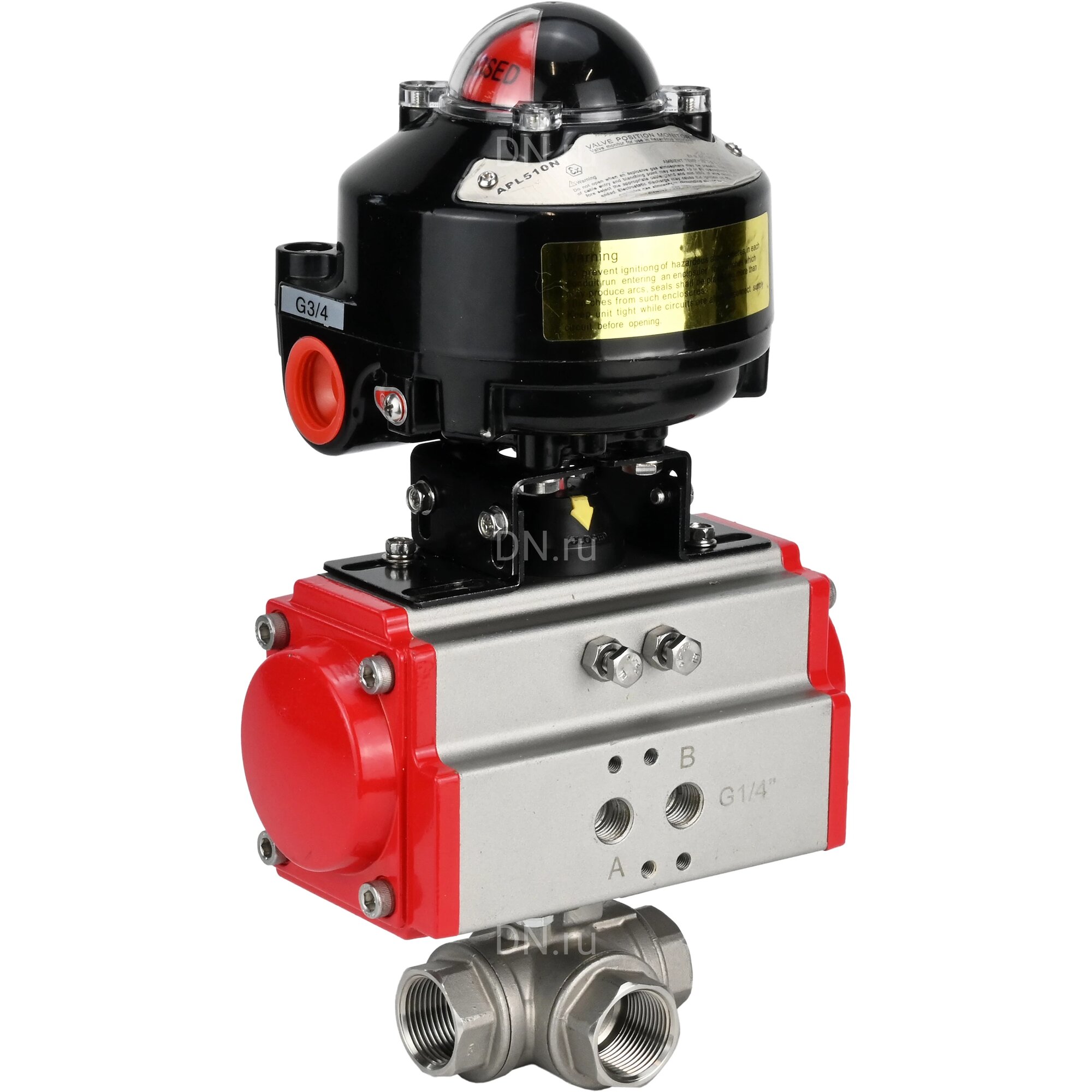 Кран шаровой DN.ru RP. SS316.200. MM 1/2" Ду15 Ру63 стандартнопроходной трехходовой L-тип, нержавеющая сталь SS316, внутренняя резьба, уплотнение - PTFE, с пневмоприводом DN. ru SA-052 и БКВ LSB-510-02ExM12-250