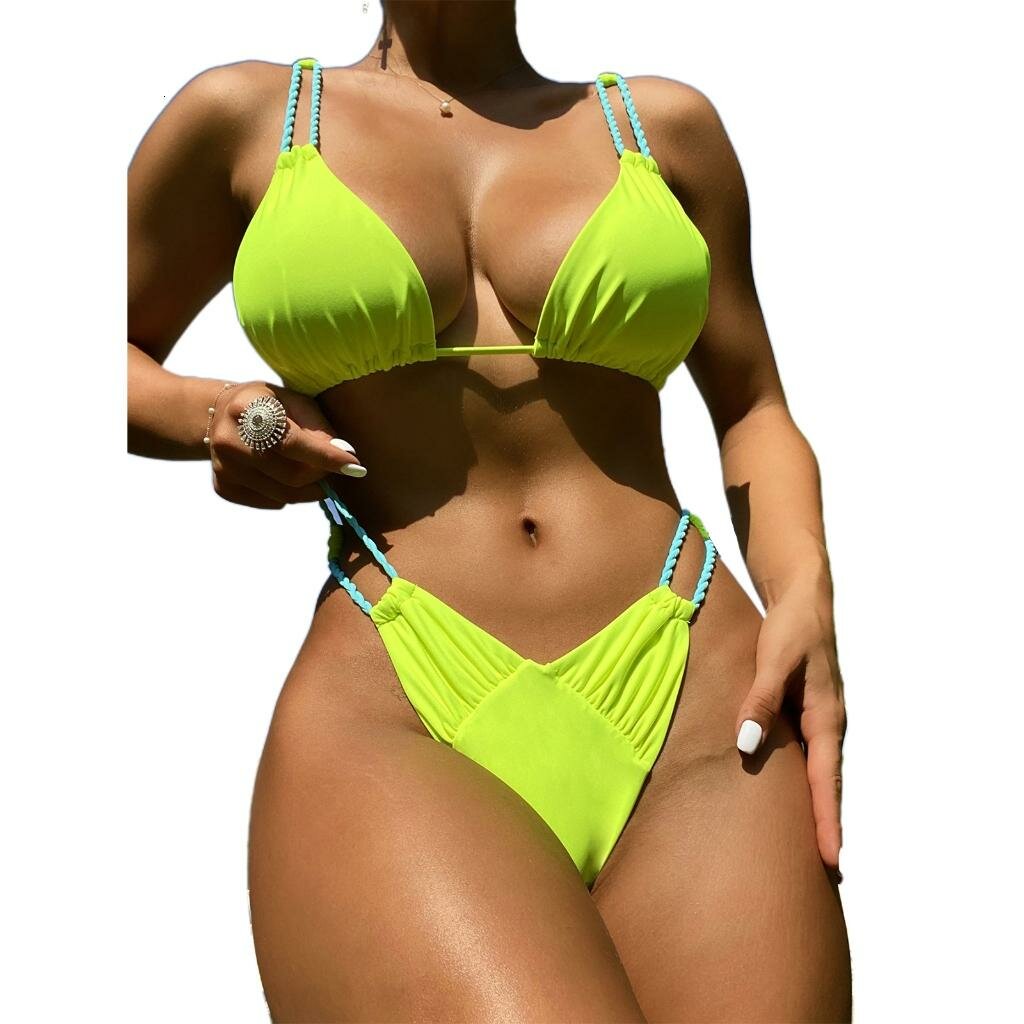 Трусики-бикини тонг 2 шт, флуоресцентный зеленый - S