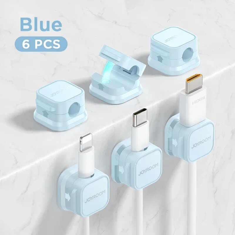 Магнитные кабельные зажимы Joyroom органайзер для кабелей 3/6 шт. Гладкий регулируемый держатель шнура под стол держатель кабеля управление кабелями 6 Pcs Blue