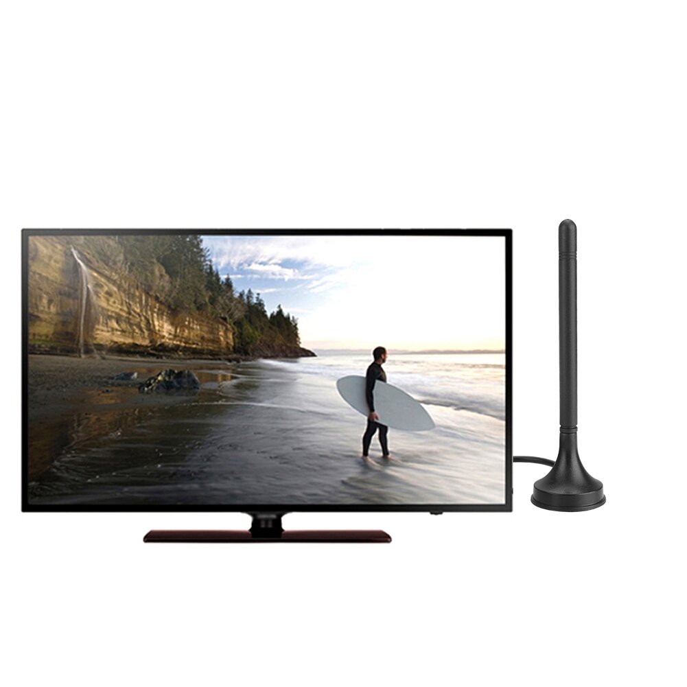 Антенна для телевизора в помещении беспроводная DVB-T со штекером клея F, чашкой для всасывания, длина кабеля 149см, коннектор F, усиление 10db, диапазон частот VHF 174-230MHz/UHF 470-862MHz, ширина полосы 70MHz, импеданс 75Ω, коэффициент стоячей волны