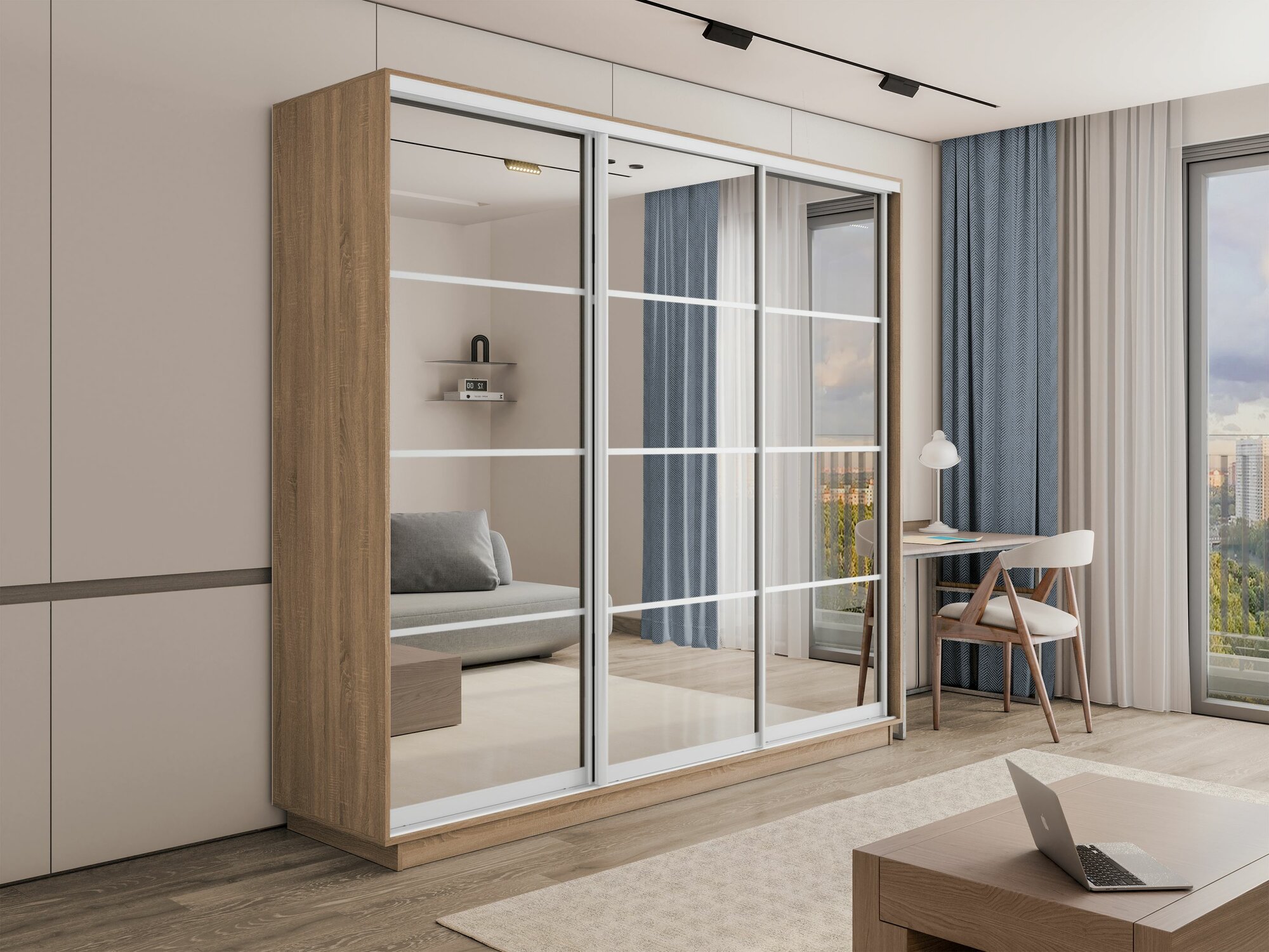 Шкаф-купе Вилли С4 3-х дверный, зеркальные двери, (белый профиль) 210х60х220 см. Сонома