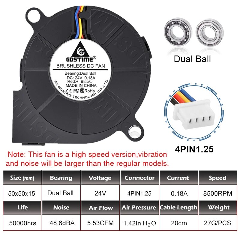 Gdstime 5015 вентилятор для 3D-принтеров 50x50x15 мм 5В/12В/24В 1PC 5015 Blower, 24V B 4PIN1.25