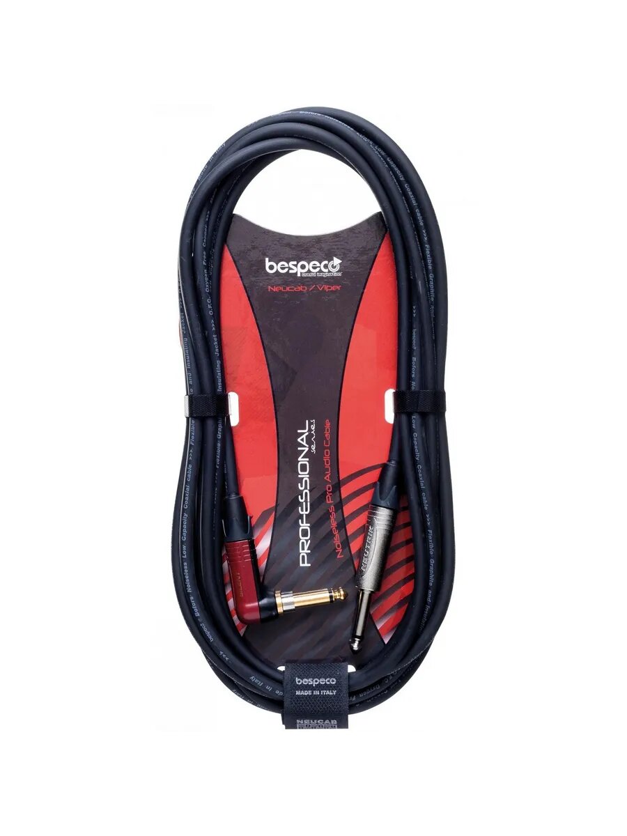 Кабель Bespeco "NCSL", для гитары, длина 6 м, прямой-угловой, 1/4", медь, чёрный