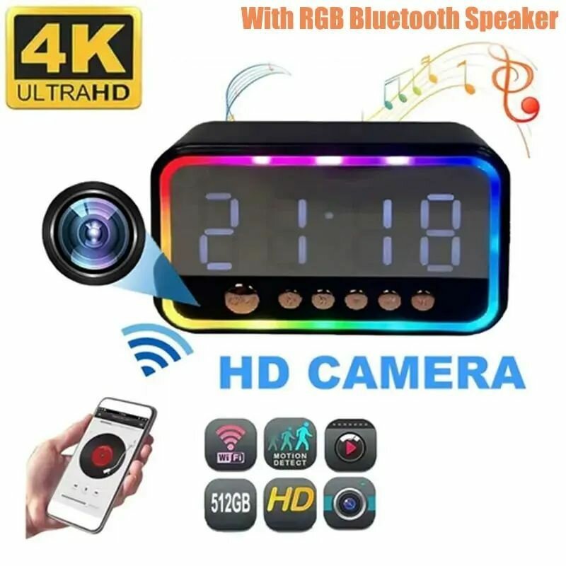 Эксклюзивный миниатюрный будильник с 4K камерой и RGBподсветкой, оснащенный Bluetoothколонкой, WiFi6 и комплектом SDкарты на 16 ГБ