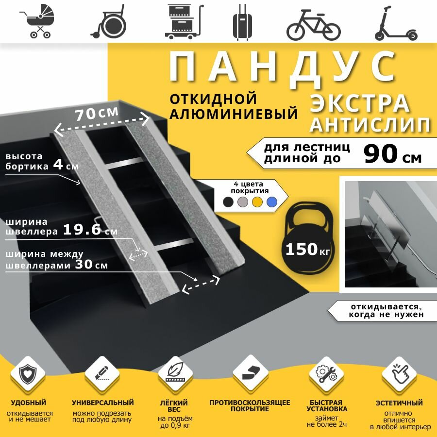 Пандус откидной алюминиевый Экстра Антислип 90 см, серый