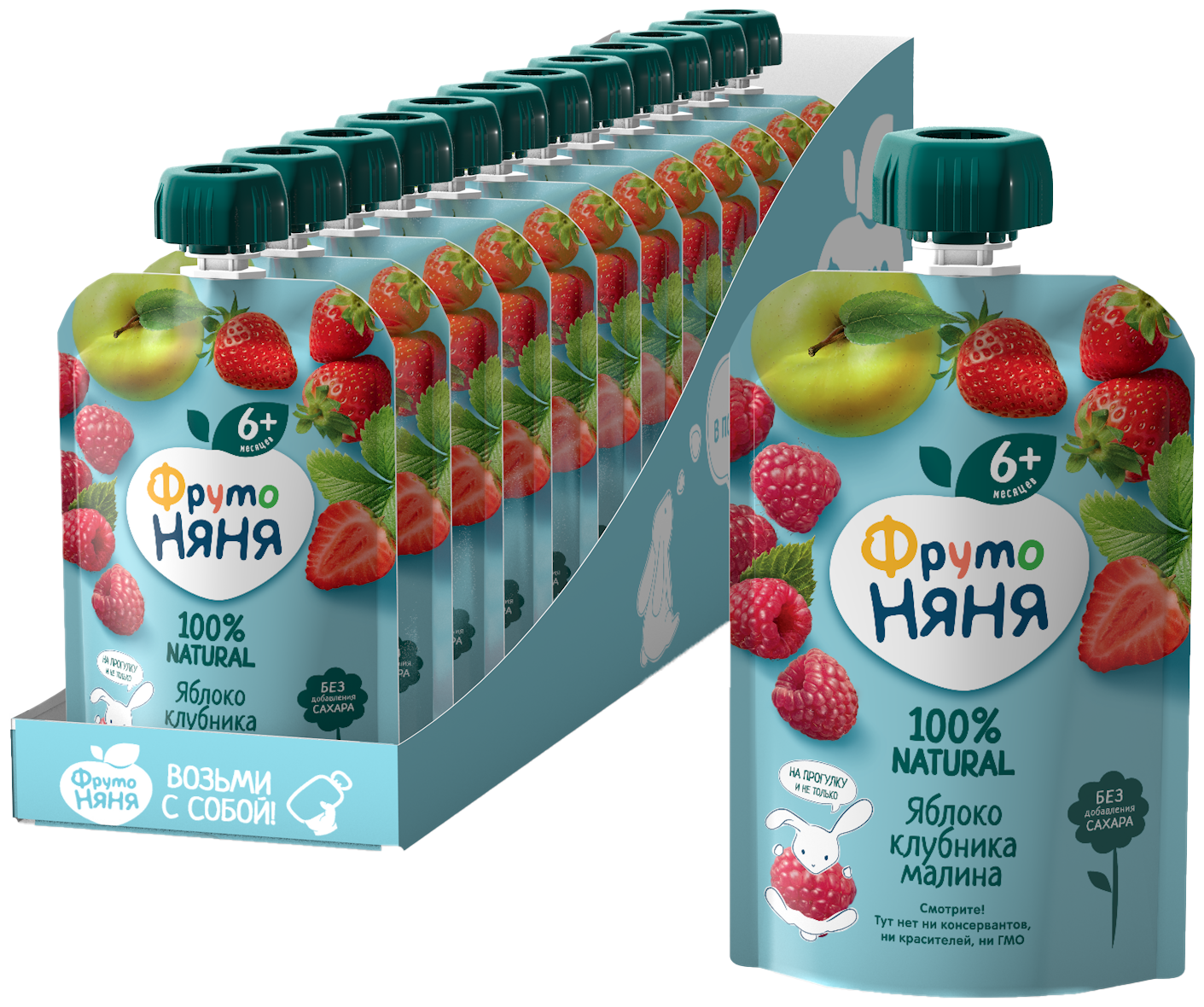 Спайка Десерт ФрутоНяня яблоко, клубника, малина, 90г (12 шт)