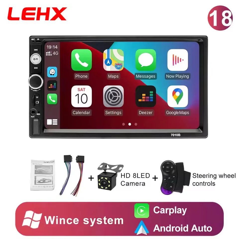 Автомагнитола LEHX 2 Din, стерео, FM, mp5-плеер, Bluetooth, сенсорный экран 7 7010-Carplay-CAM-SWC