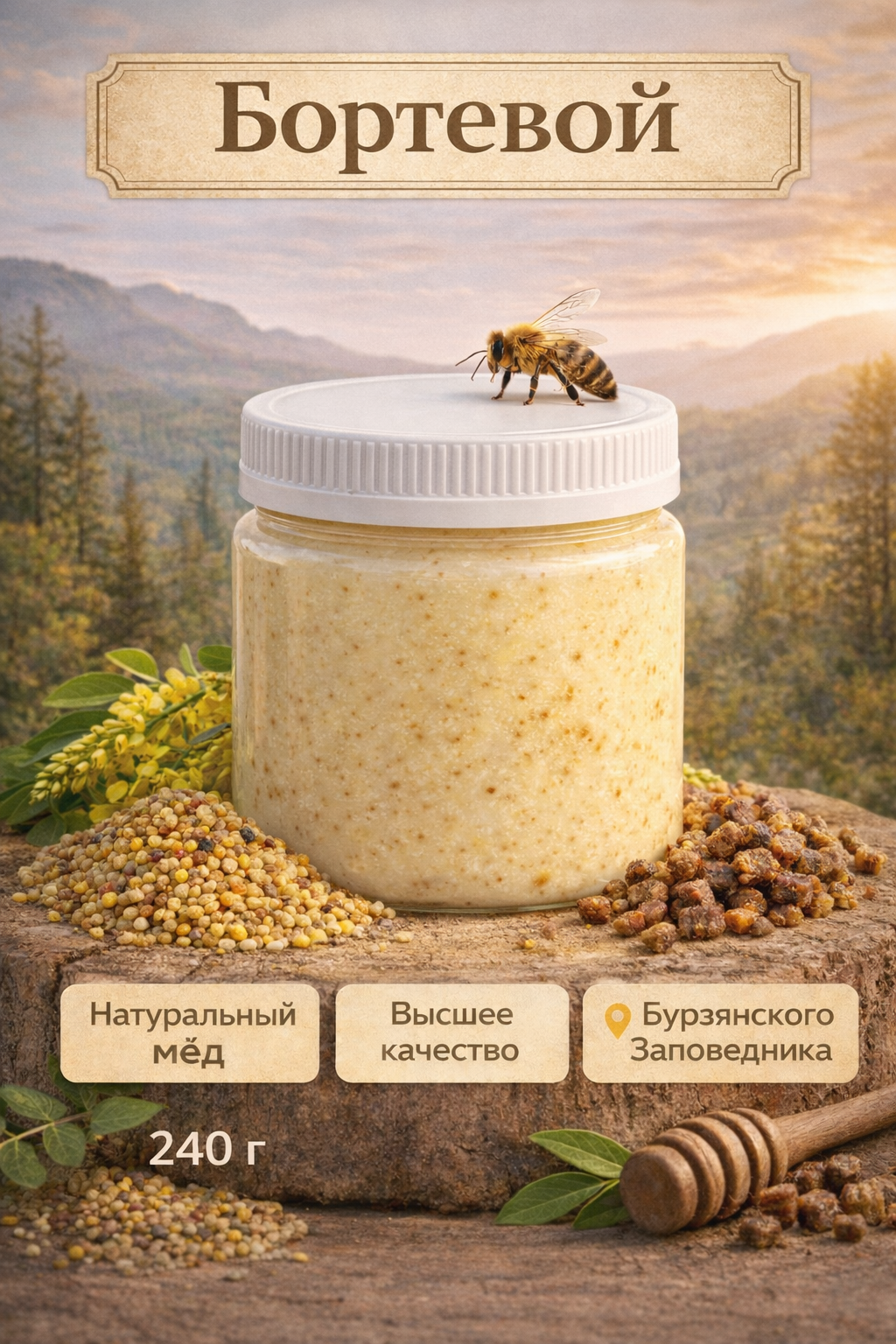Бортевой Мёд, Натуральный, без сахара, стеклянная баночка. 235г Самый полезный мёд!