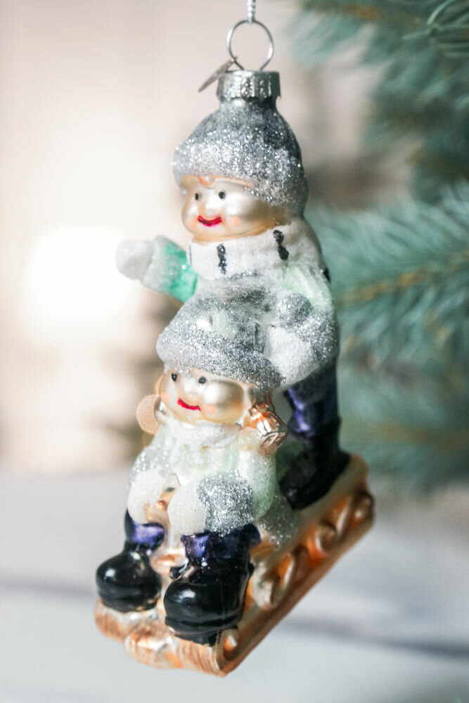 Ёлочная игрушка снежные радости: катаемся на санях, стекло, 12 см, Kaemingk 120482-1