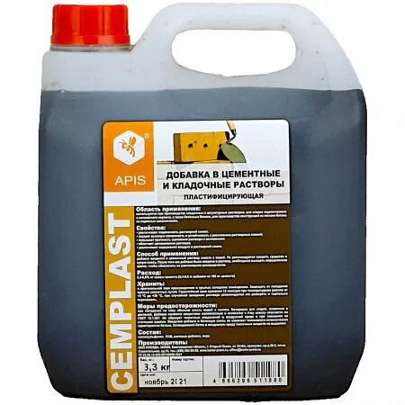 Добавка пластифицирующая в штукатурные и кладочные цементные растворы APIS Cemplast, канистра 3,3 кг