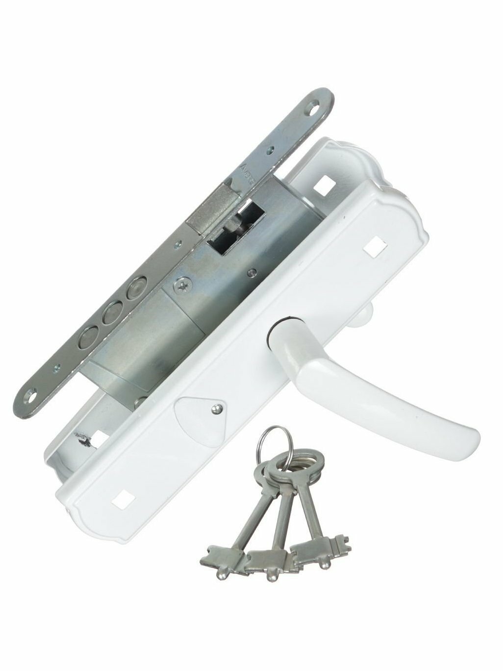 Замок врезной Avers ЗВ9-4-1-4 с ручкой, сувальдный, белый, межосевое расстояние 55 мм, 3 ключа в комплекте, артикул 20748.