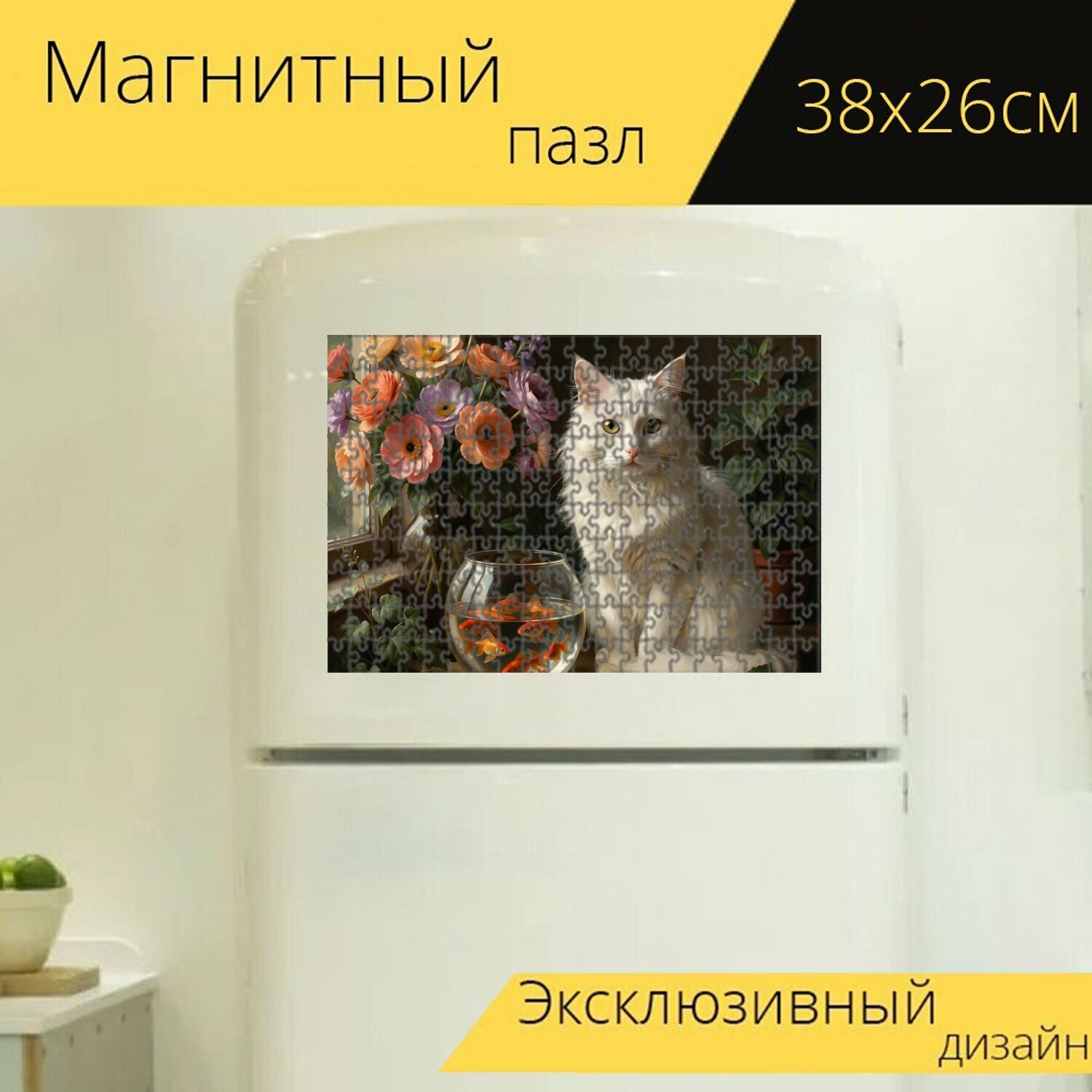 Магнитный пазл "Белый кот у аквариума с рыбками. Пушистая кошка рядом с круглой стеклянной чашей с золотыми рыбами, букетом нежных цветов и комнатными." для интерьера, 38х26 см.