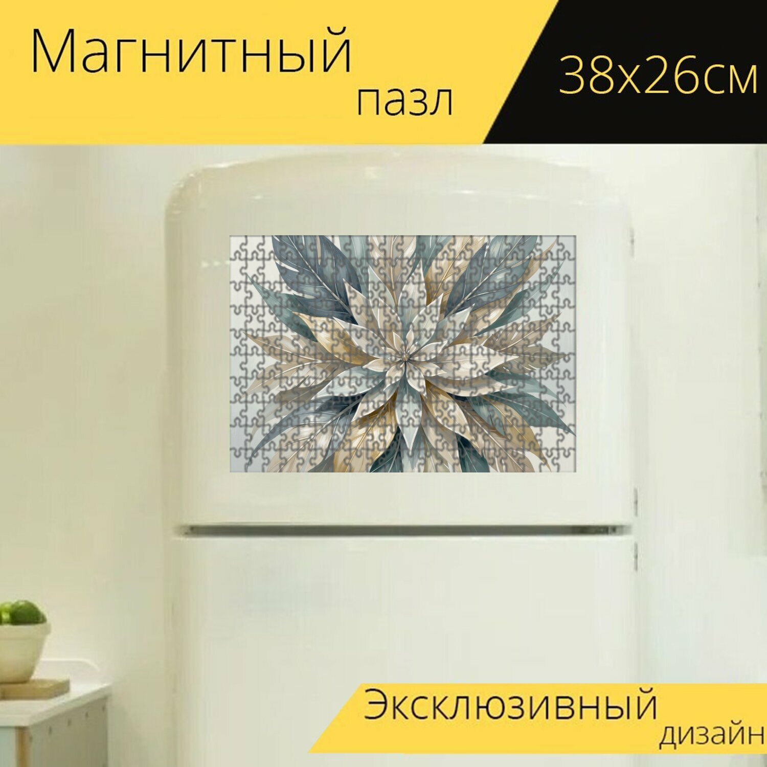 Магнитный пазл "Абстрактный цветок из листьев. Нежная ботаническая композиция в стиле современного минимализма: многослойная флора в бежевых, кремовых." для интерьера, 38х26 см.