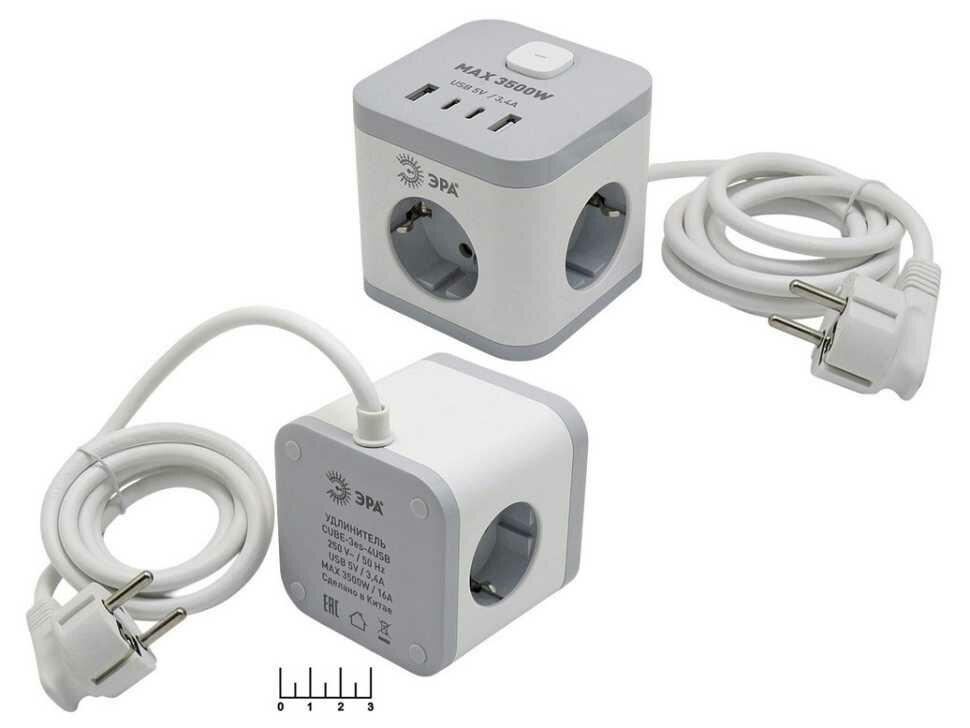 Удлинитель электрический 3/1.5м с землей + 2USB + Type C 2 гнезда с выключателем (ПВС 3*1) (max-16A)