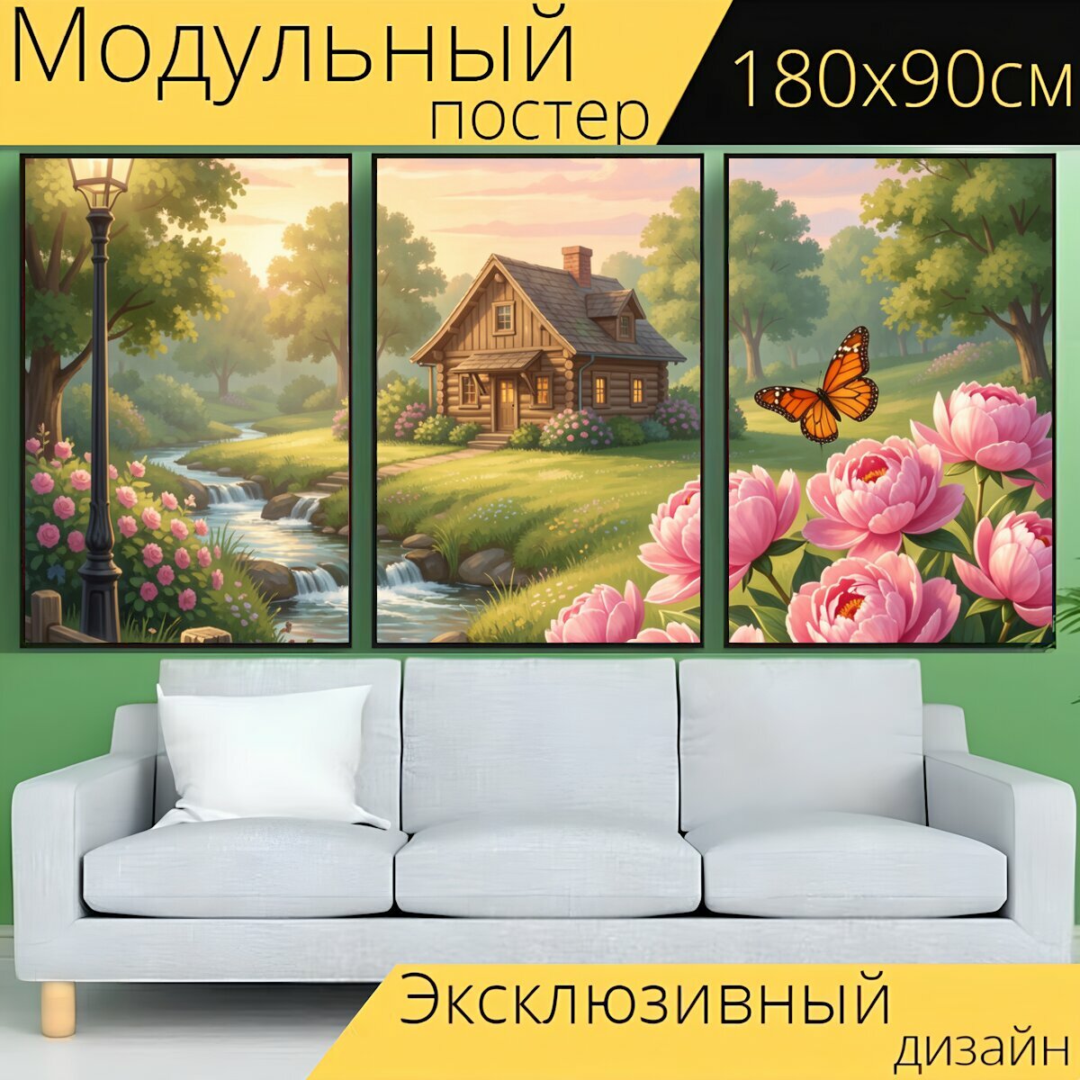 Модульный постер "Уютный домик у ручья. Сказочная деревенская иллюстрация: деревянный коттедж среди цветущего сада, розовые пионы." 180 x 90 см. для интерьера на стену в тубусе