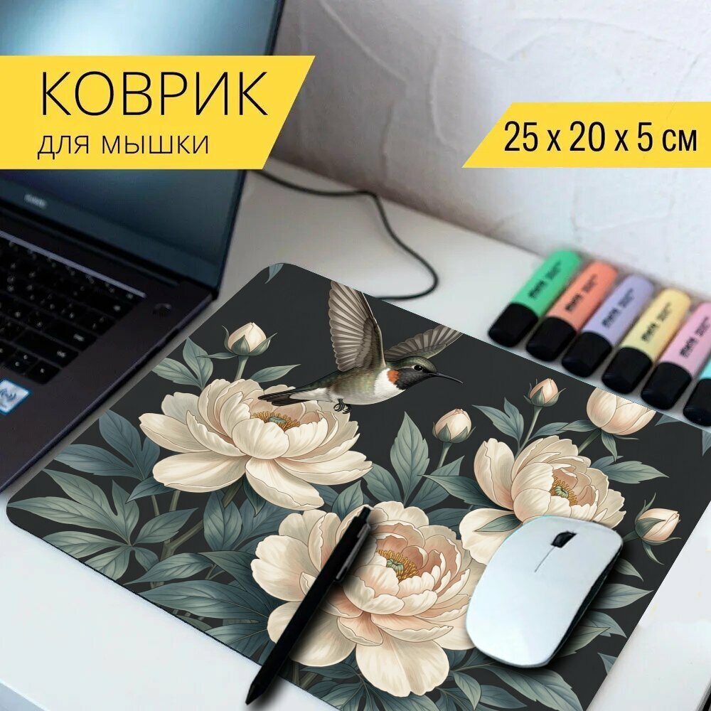Коврик для мыши с принтом "Колибри среди цветущих пионов. Изящная птица парит над крупными кремово-розовыми бутонами и раскрытыми соцветиями. Ботаническая иллюстрация в." 25x20см.