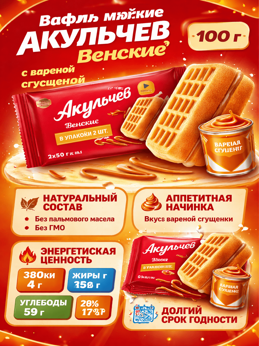 Вафли мягкие Акульчев Венские с вареной сгущенкой, 100г x 2 упаковки