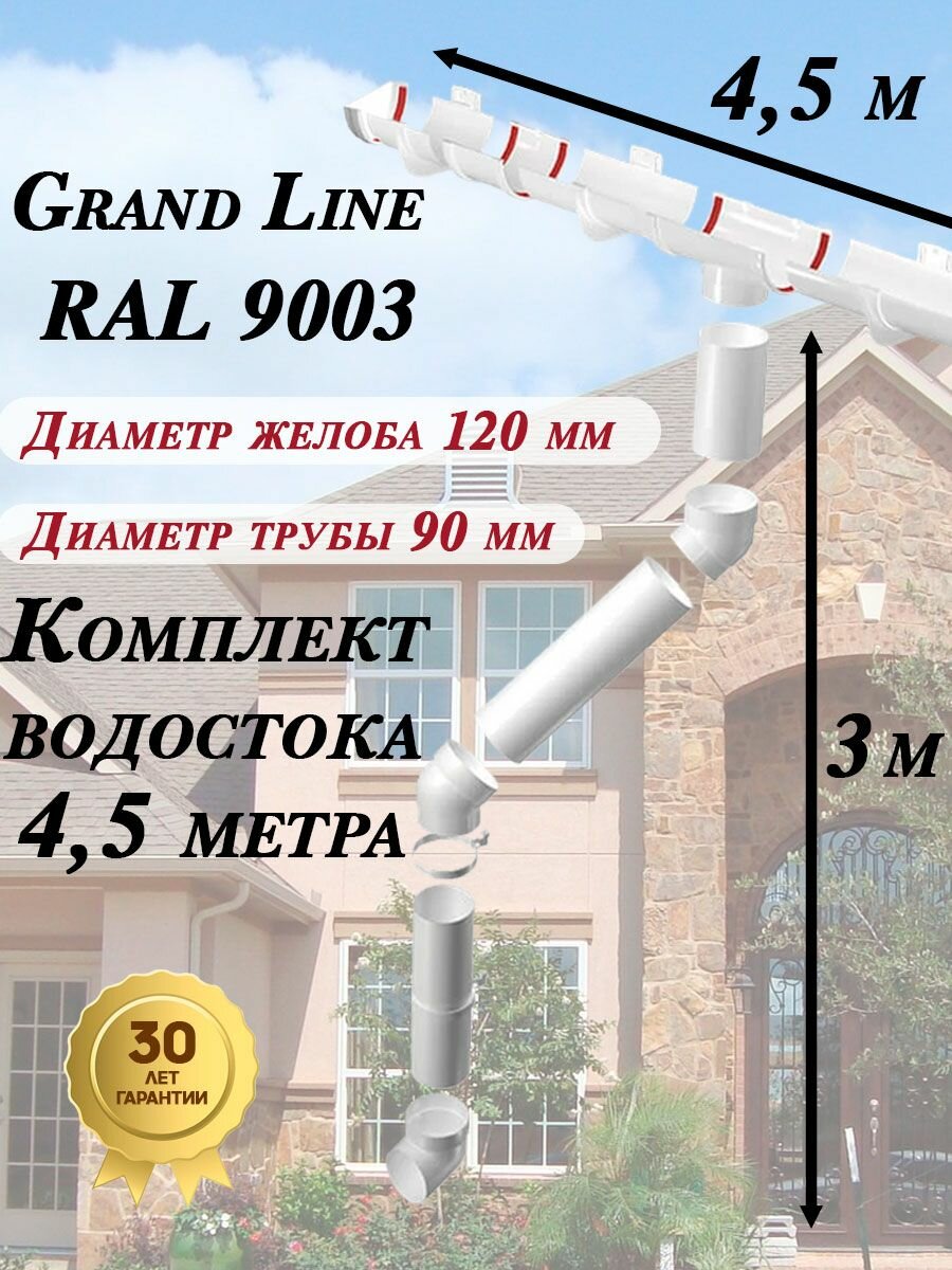 Комплект элементов на 4,5 м (120 мм / 90 мм) белый RAL 9003 на карниз в дополнительной упаковке (обертка стрейч), водосточная система ПВХ для крыши, водосток дома
