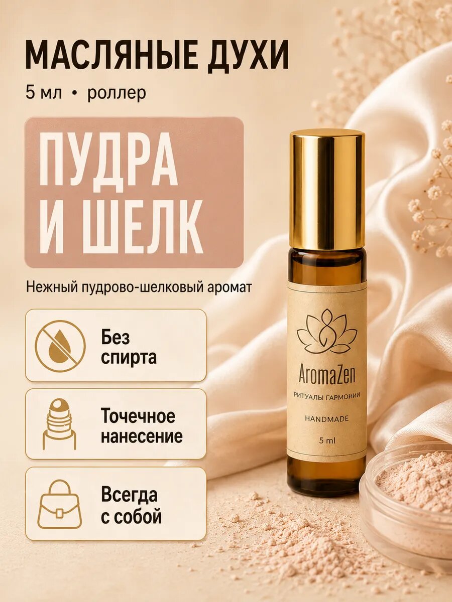 Масляные духи роллер "Пудра и шелк", женские, без спирта, шариковые, 5 мл