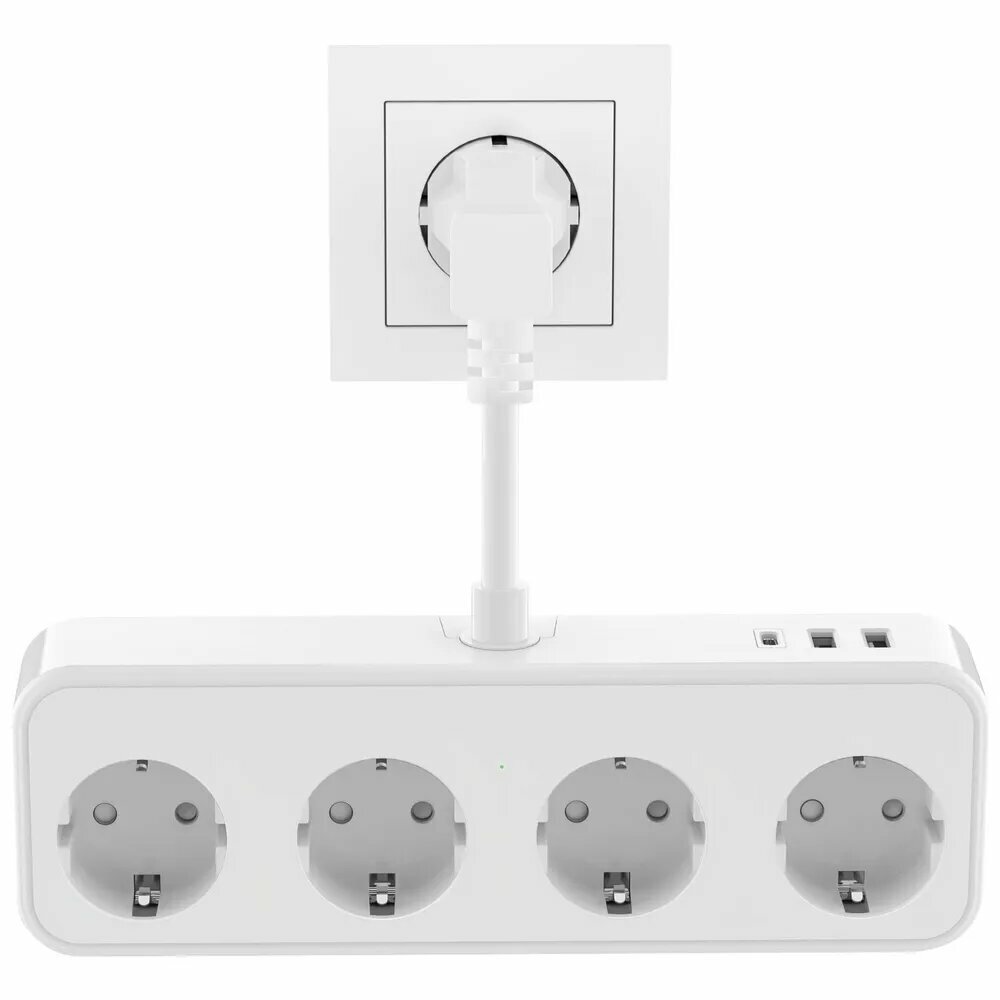 HITRENDS Евроудлинитель 4розетки+3USB+Type-C - белый (кабель 5см, 1.5мм )