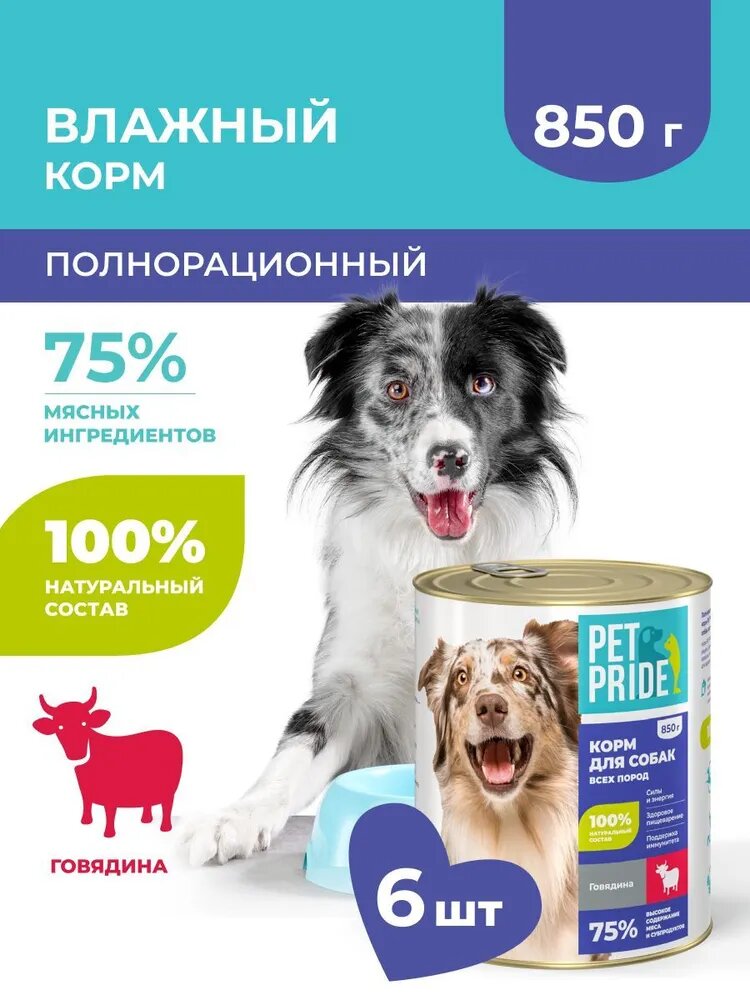Влажный корм для собак PET PRIDE c говядиной, 850 г х 6 шт