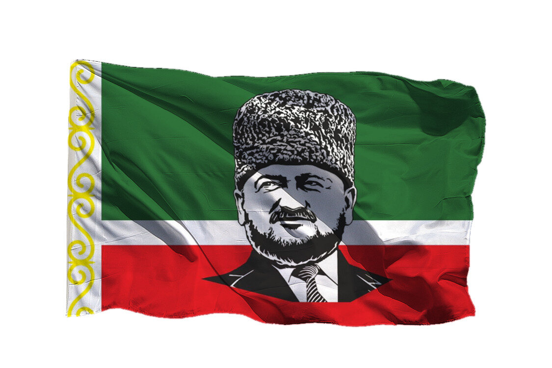 Флаг Чечни - Чеченской Республики, Ахмат-хаджи Кадыров на флажной сетке, 70х105 см - для флагштока
