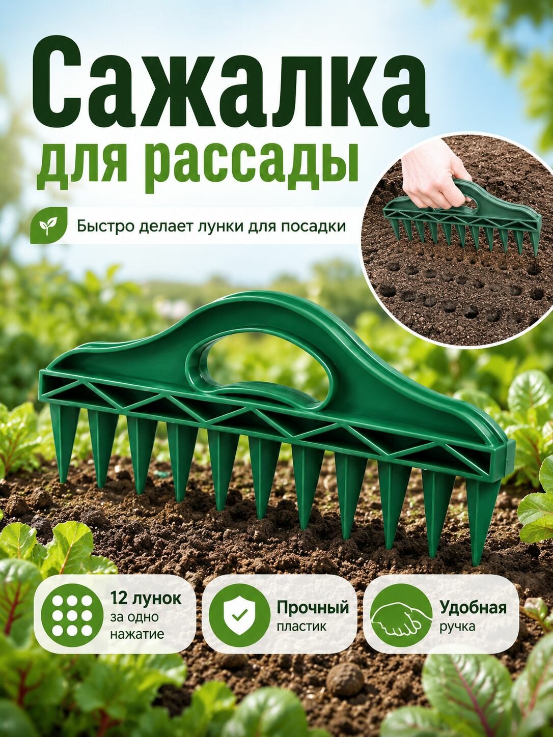 Сажалка для рассады с 12 зубьями, ручной инструмент для посадки семян и лунок, пластиковый садовый маркер для грядок и огорода