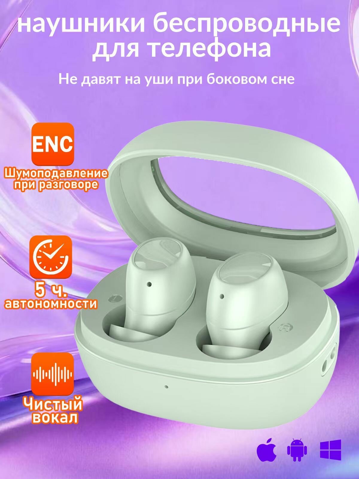 Наушники беспроводные для телефона, мини наушники беспроводные, мятный, USB Type-C