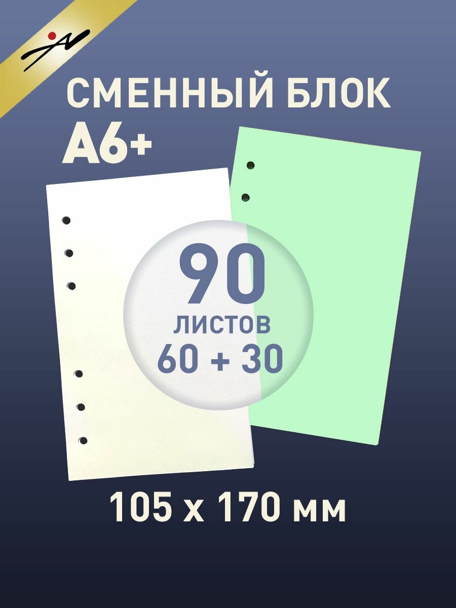 Сменный блок А6+ на 6 колец белый/светло-зеленый 90 листов (60+30) от Nauru Art