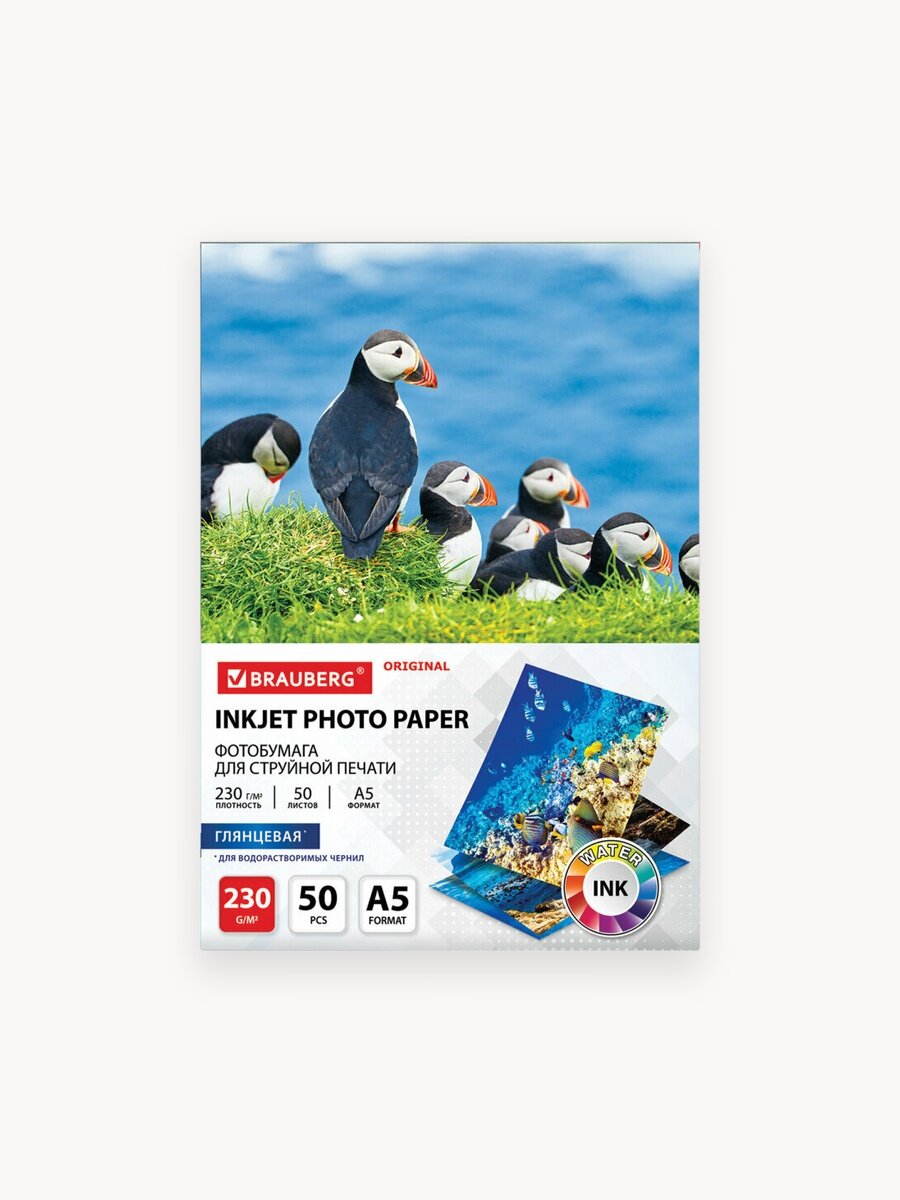 Фотобумага глянцевая для печати на струйных принтерах, А5, 230 г/м2, односторонняя, 50 листов, Brauberg Original, 363977