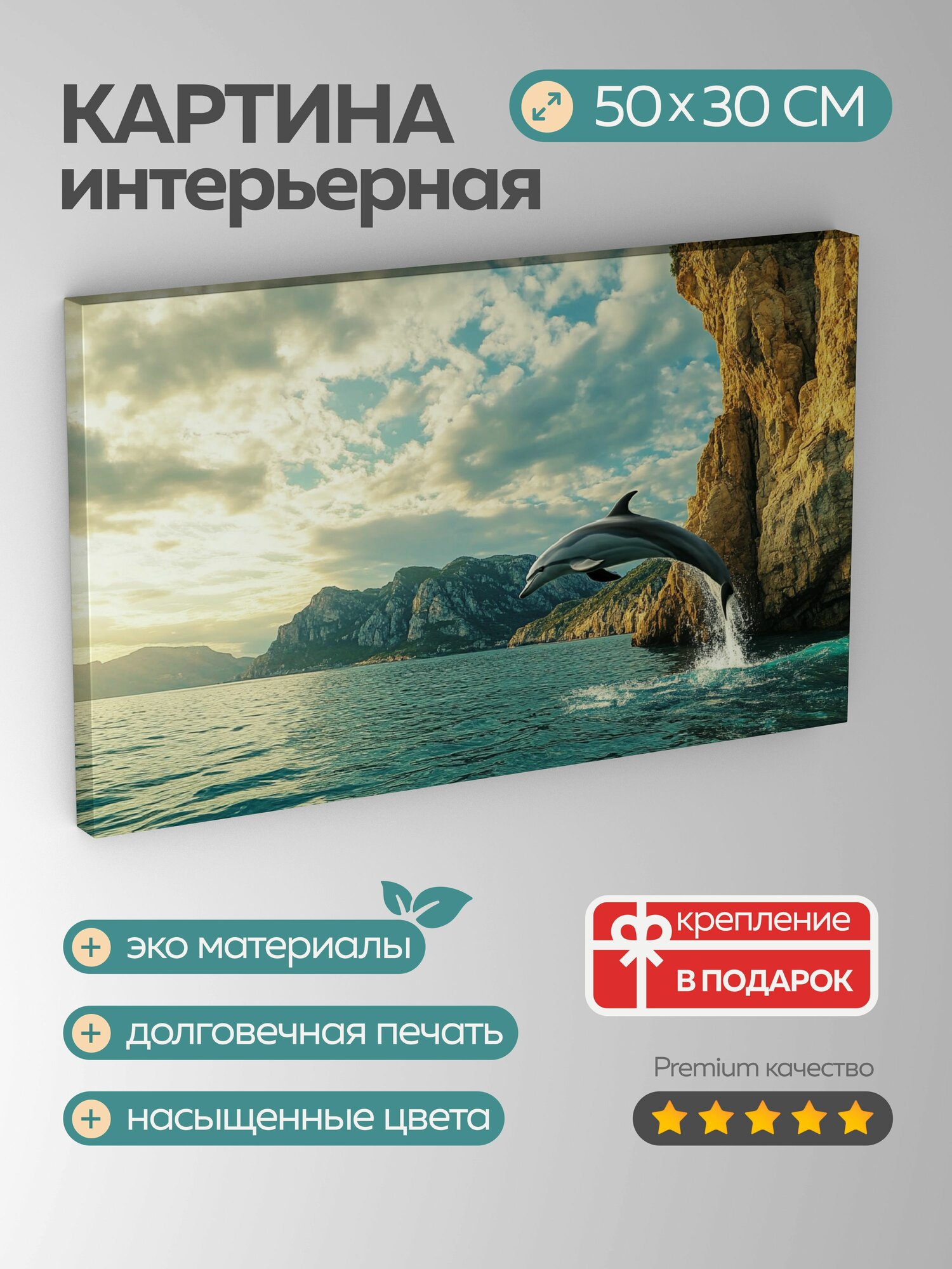 Картина на холсте интерьерная 50х30 см, Дельфин, вода, скалы, море, контраст, солнце, грация, прибрежные, аквамариновый