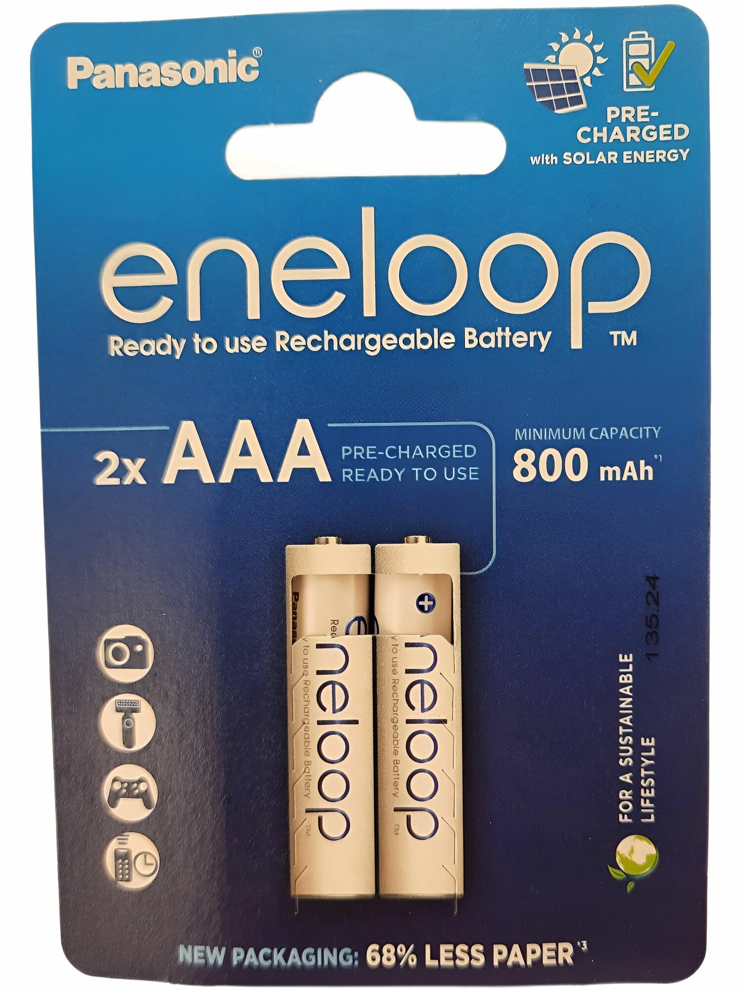 Аккумулятор (2шт) мизинчиковый PANASONIC R03 (AAA) eneloop Ni-MH 800mAh предзаряженный (бл2)