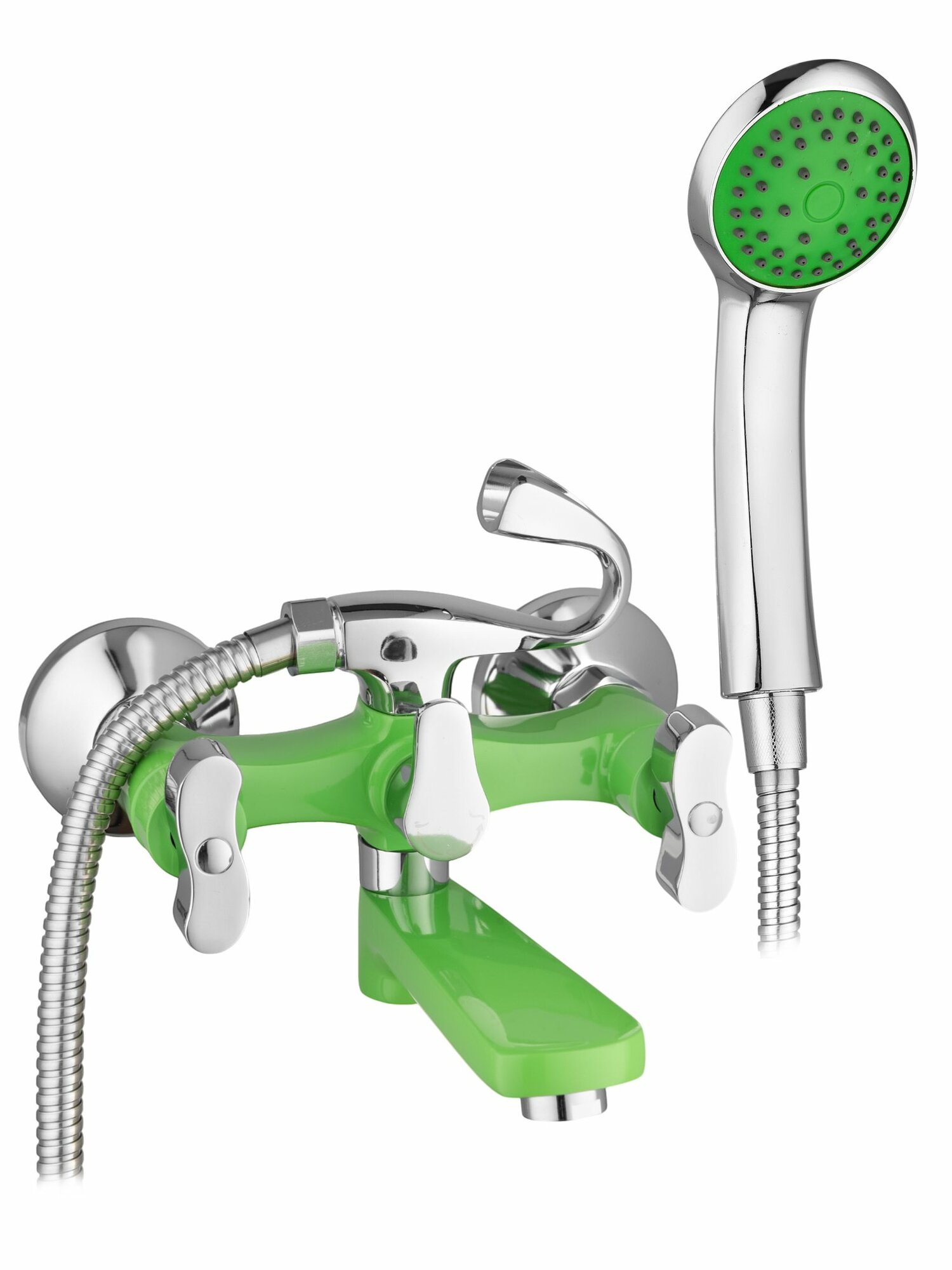 Смеситель для ванны с душем, поворотным изливом и вентильными ручками, зеленый глянец с хромированными вставками