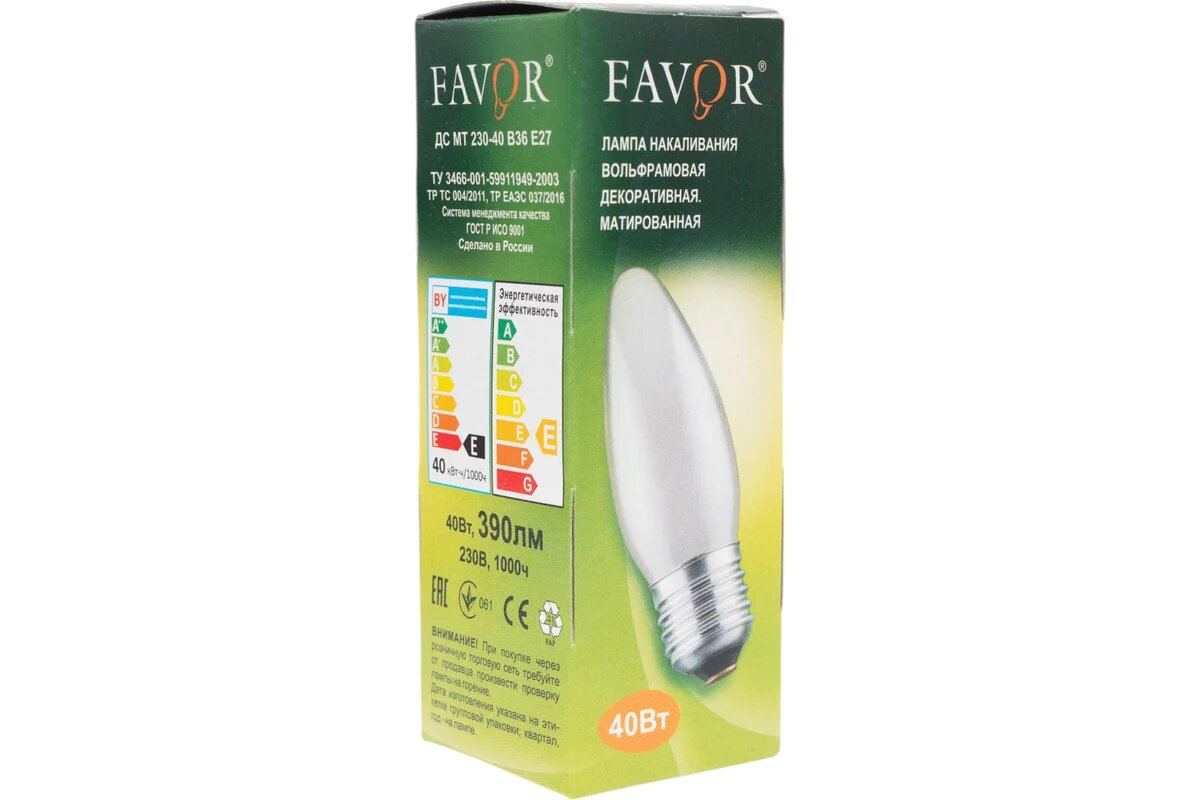 Лампа накаливания свеча Favor ДСМТ B36 40W 220V E27 матовая 8109019