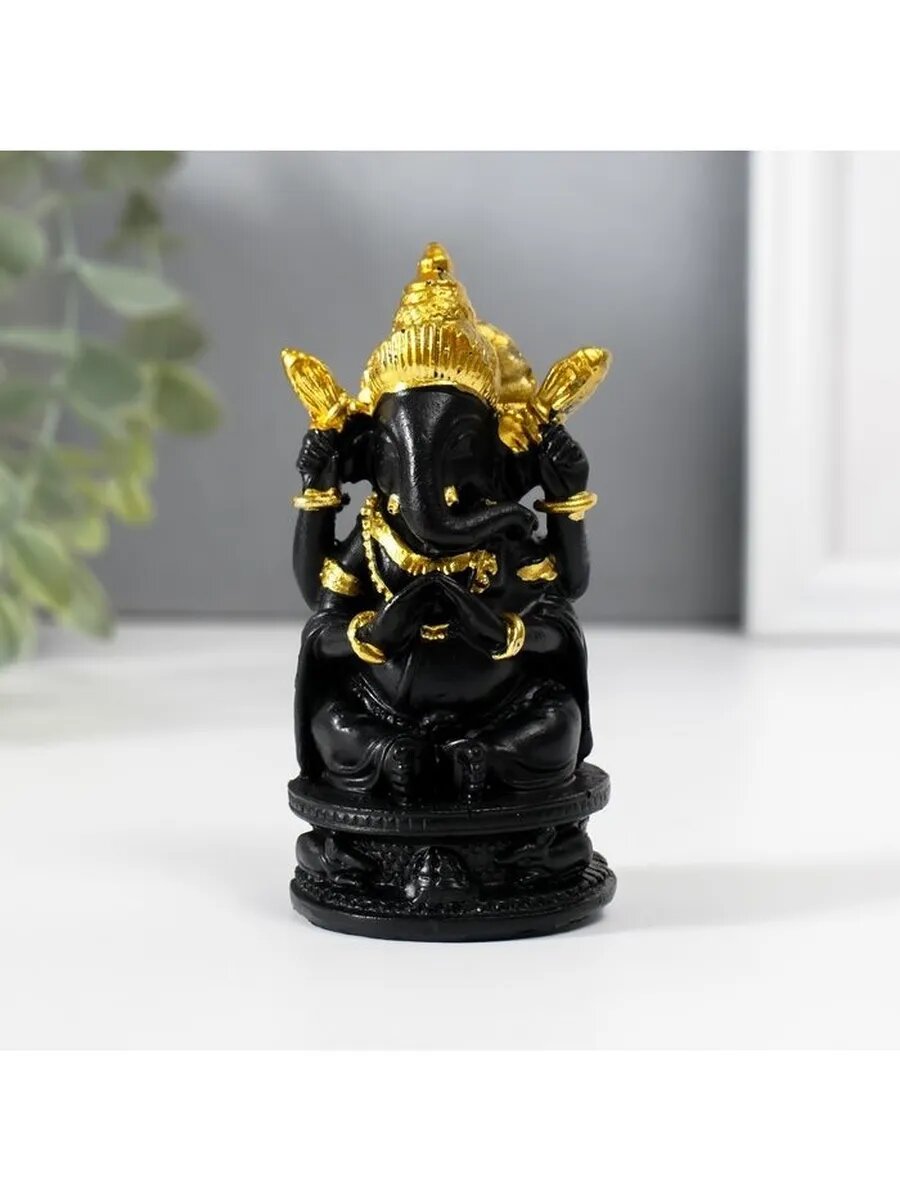 Нэцкэ полистоун "Ганеша в золотом головном уборе" чёрный 4,7