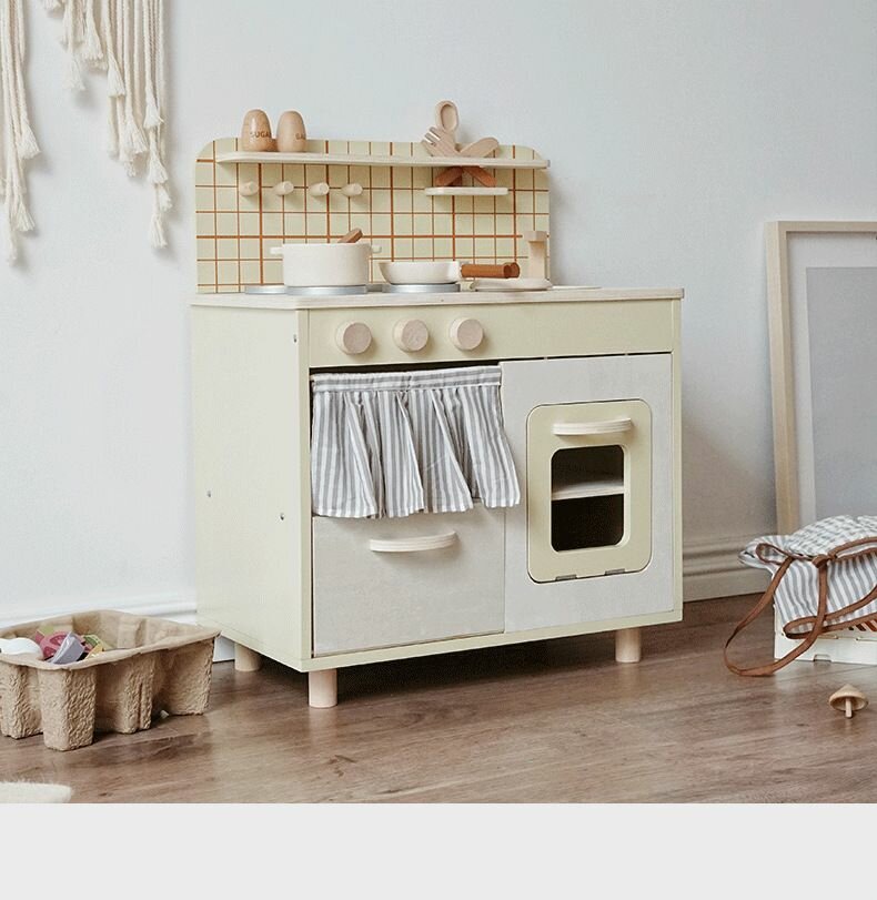 Детская кухня, игрушки, в скандинавском стиле, бежевая, деревянная, 52,5x32,5х61,5 см