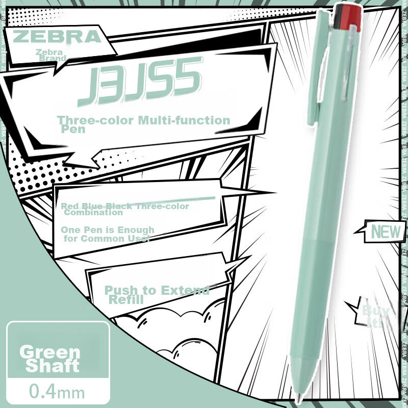 ZEBRA Multi-Function Three-Color Gel Pen, Black/Blue/Red 0.4mm Retractable Multi-Color Pen, Student Business Office Signing Pen J3JS5, Sage Green Barrel