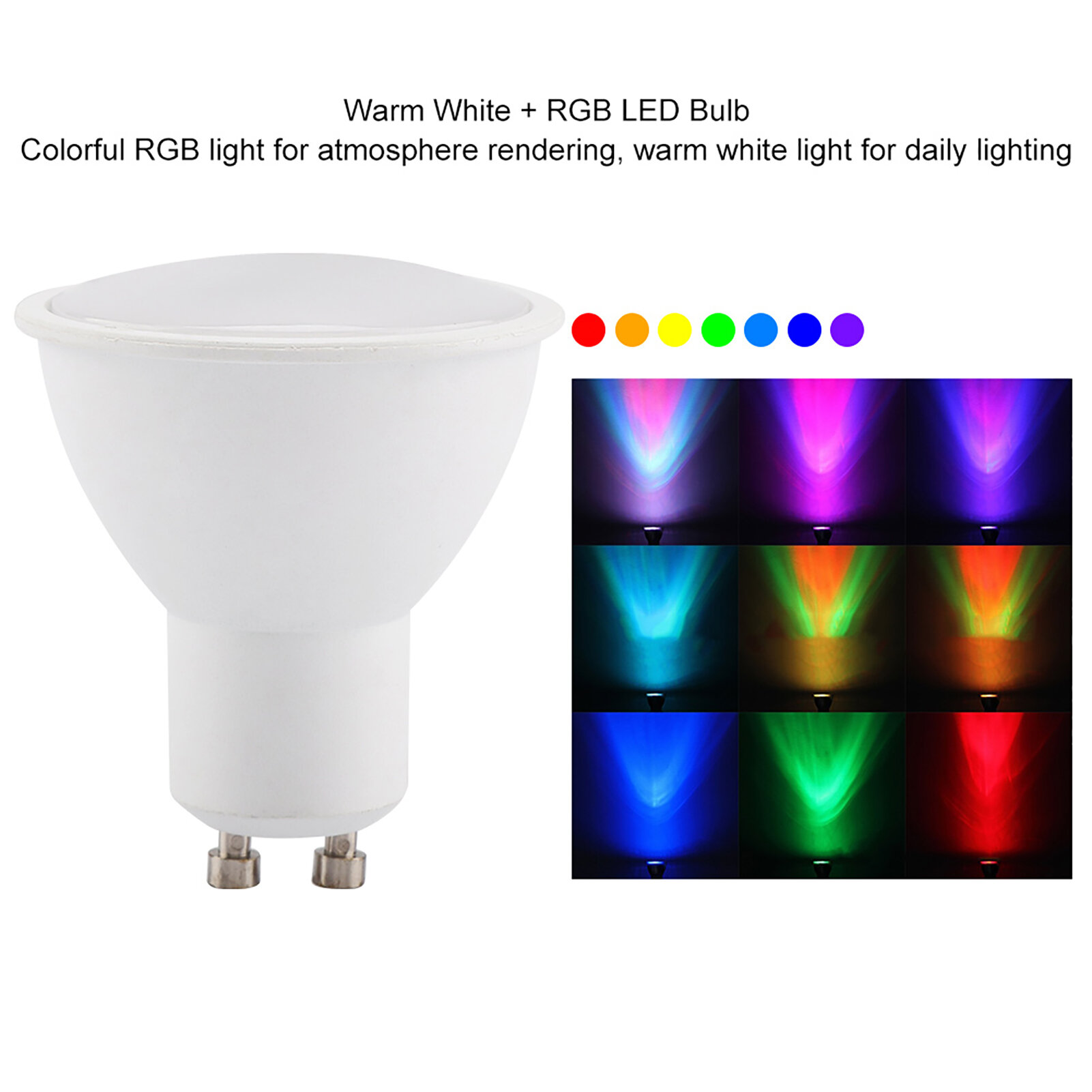 Новый светодиодный лампочка GU10 3W RGB теплый белый с изменением цвета с пультом дистанционного управления, материал пластик + алюминий, напряжение AC 86-265V, поток 250лм, база GU10, длина пульта 3-5м, размер лампы 6*5см, пульта 8.5*4см, вес 65г, в