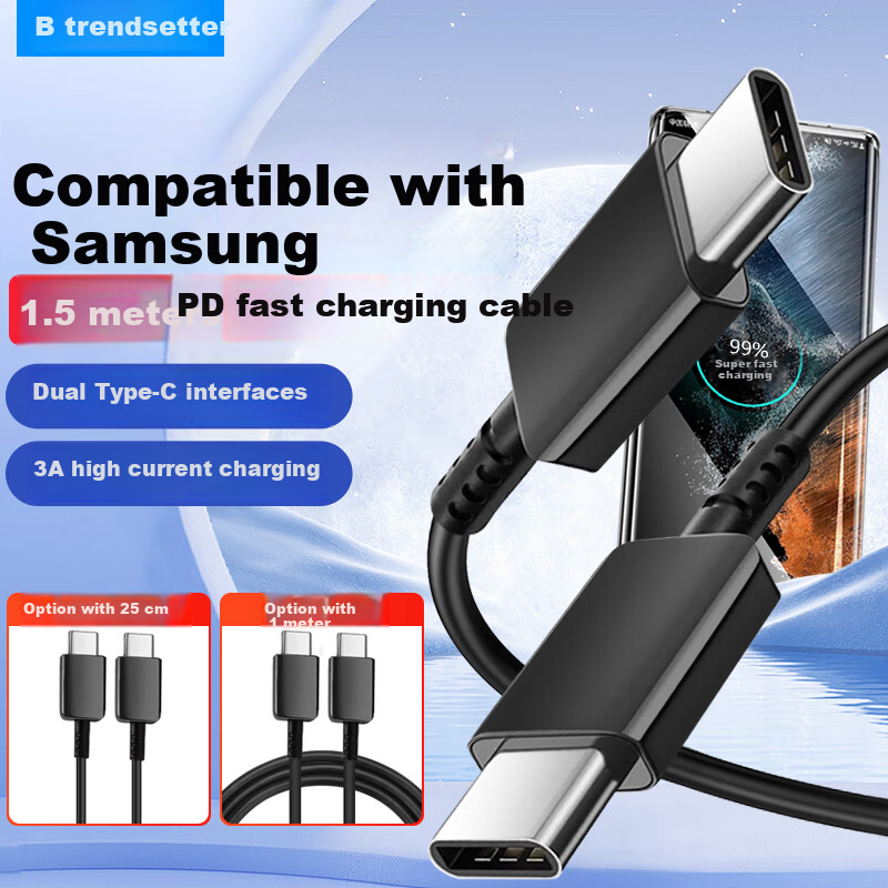 Trendsetter 45W Fast Charging 1.5m Type-C Dual Head Data Cable for Samsung S24/S23 Ultra S22/S20/S21/Note20/W24/Z Flip 5/4/A54