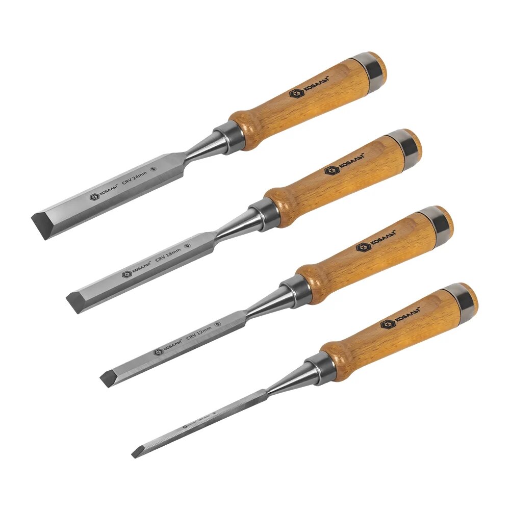 Набор плоских стамесок: 6, 12, 18, 24мм, длина 140мм, CR-V, деревянные рукоятки, 4шт кобальт 245-879