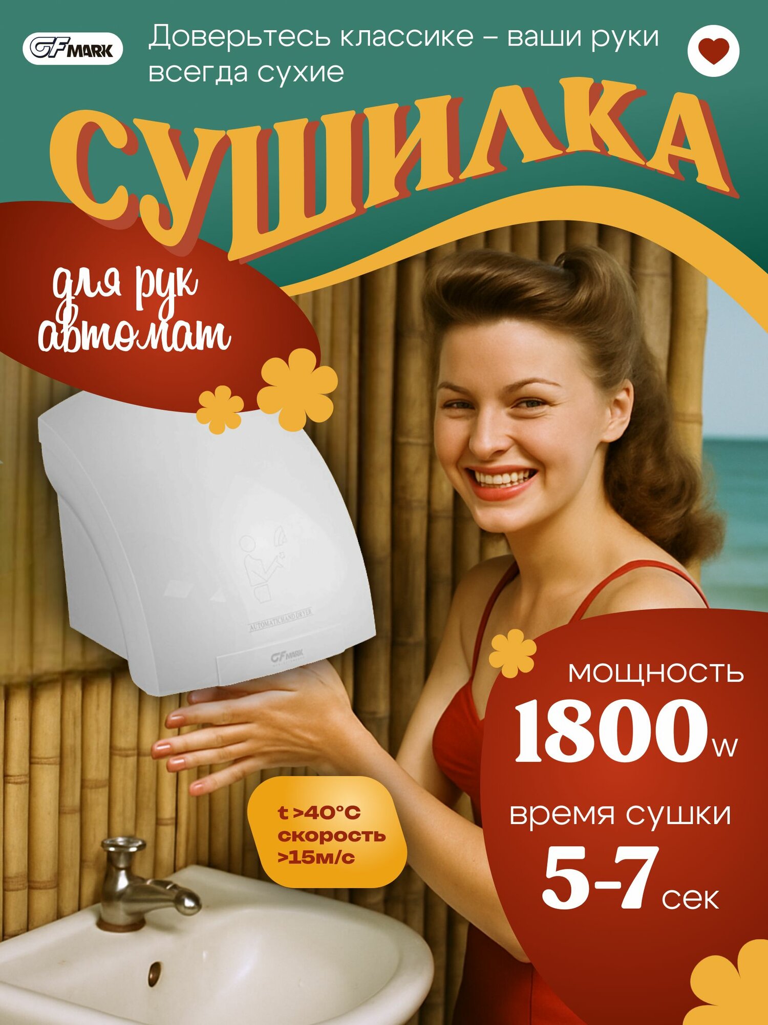 Сушилка для рук автоматическая GFmark, 1800W, корпус АБС пластик с рисунком, цвет белый.