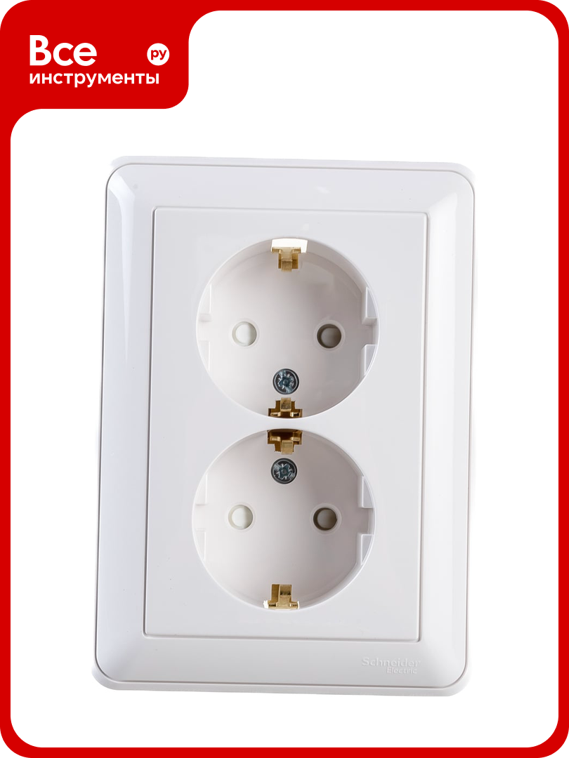 Двойная розетка с заземлением Systeme Electric защитные шторки и рамка, белая СП W59 SchE RS16-255-18, пластиковая
