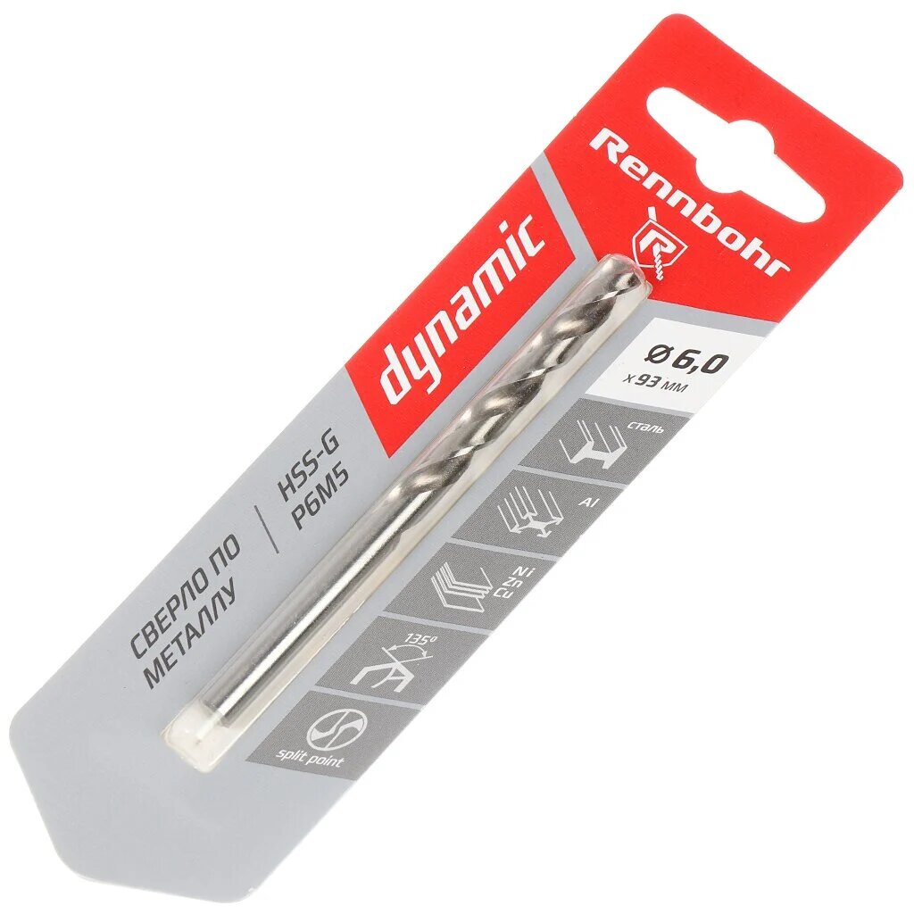 Сверло по металлу, Rennbohr, Dinamic Card, диаметр 6х93 мм, цилиндрический хвостовик, 675060